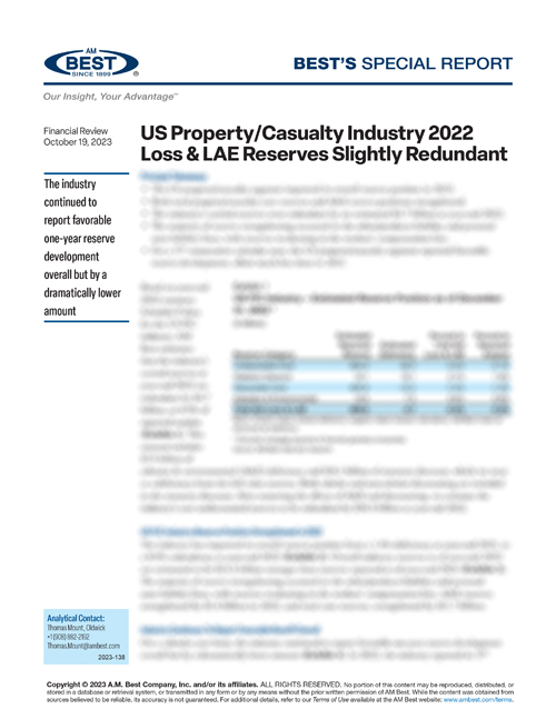 Special Report: US Property/Casualty Industry Loss & LAE Reserves Slightly Redundant Overall